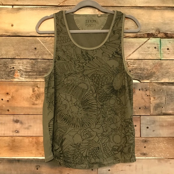 Guess | Tops | Guess Hunter Green With Black Floral Outline Tank | Poshmark